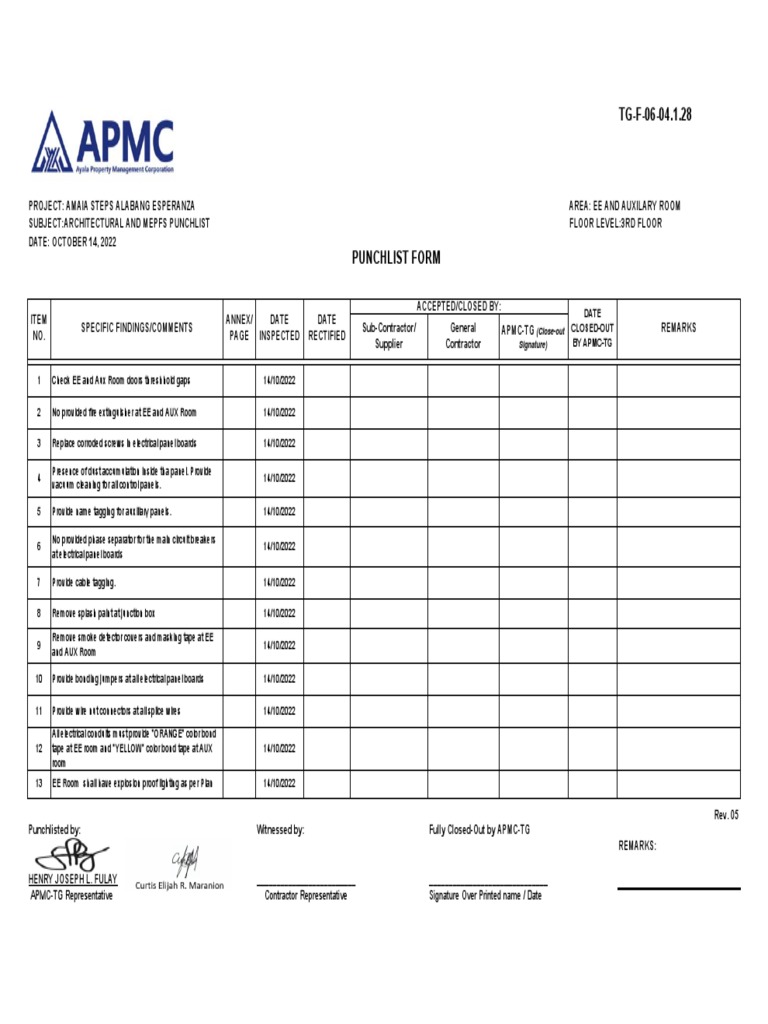 APMC Punchlist AS Alabang Esperanza 3rd Floor - EE and AUX Room | PDF | Electrical Equipment ...