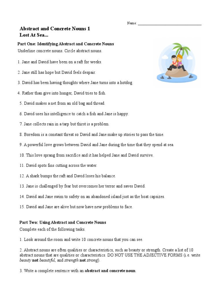 Abstract and Concrete Nouns Worksheet | PDF