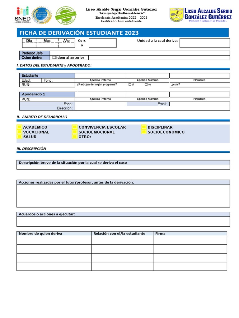 Ficha de Derivación Estudiante 2023: I. Datos Del Estudiante Y Apoderado | PDF