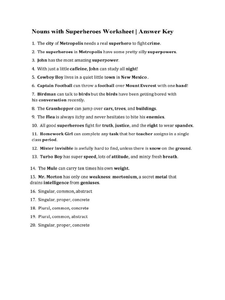 Nouns With Superheroes - Worksheet - Answering Key | PDF