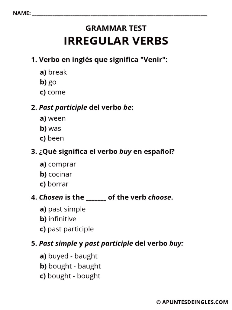 Test de Verbos Irregulares en Inglés en PDF | PDF