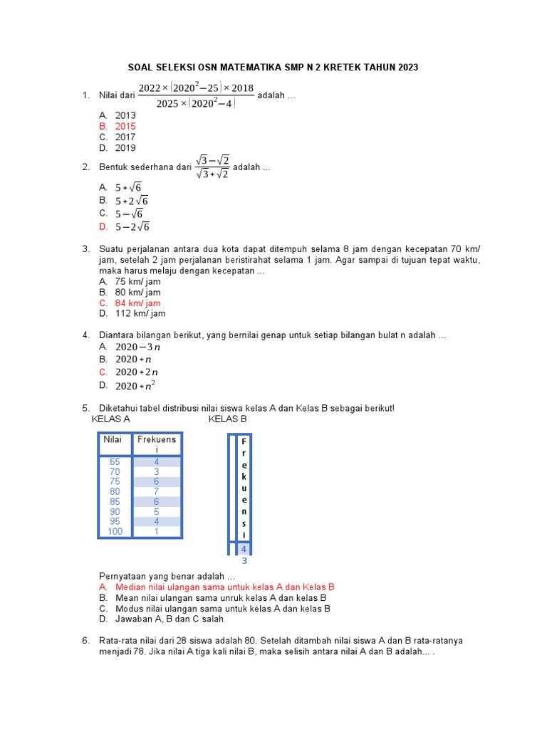 SOAL SELEKSI OSN MATEMATIKA SMP N 2 KRETEK | PDF