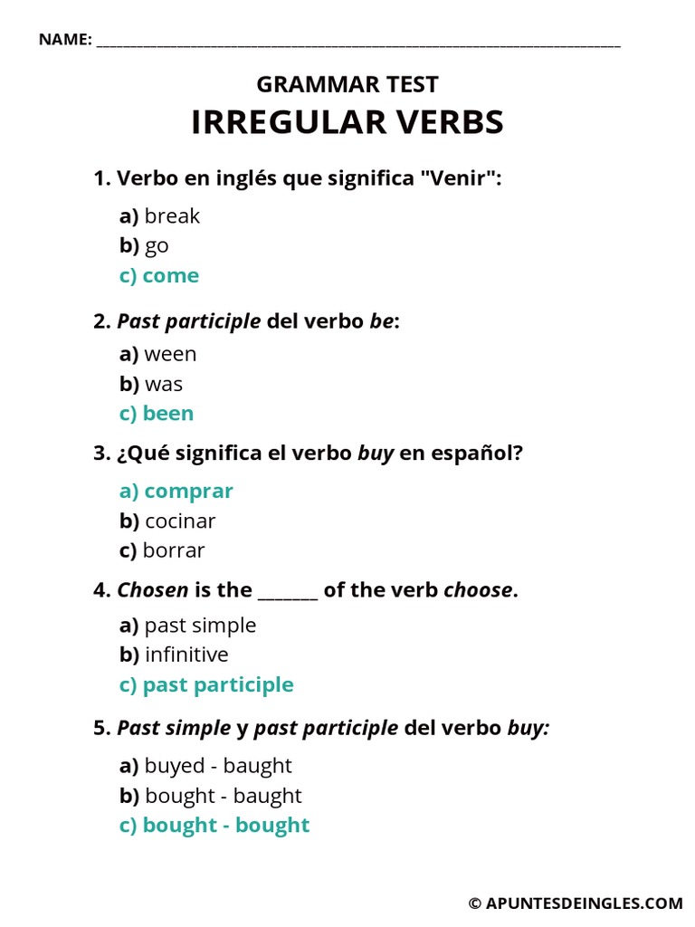 Soluciones - Test de Verbos Irregulares en Inglés | PDF