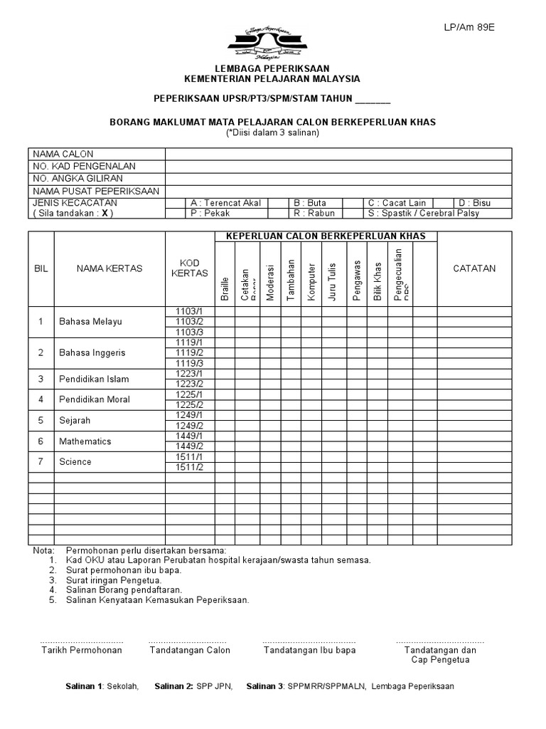 Borang Calon Berkeperluan Khas SPM | PDF