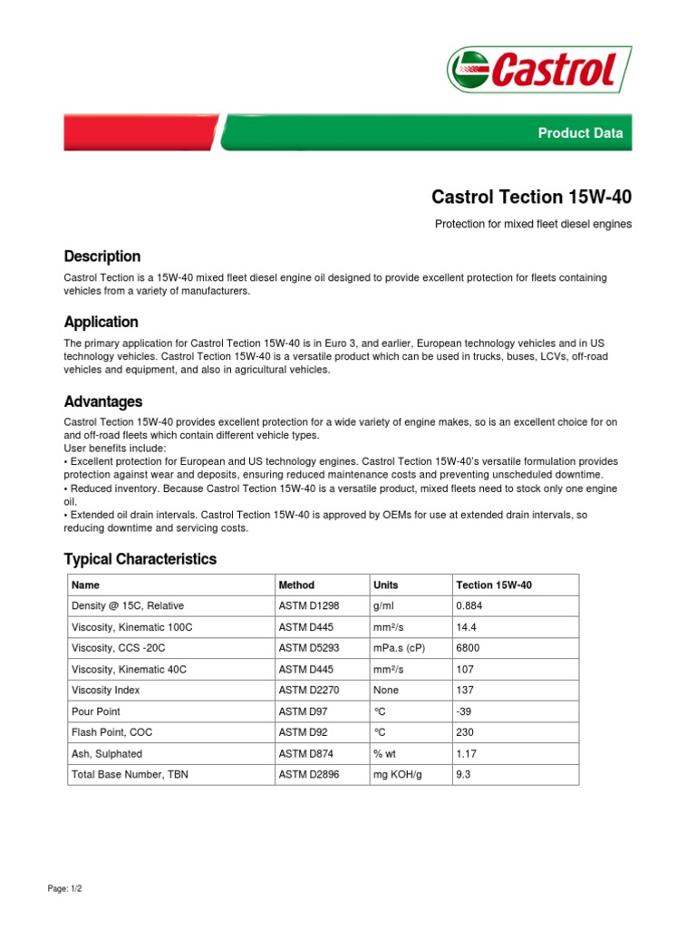 Castrol Tection 15 W40 Data Sheet | PDF | Motor Oil