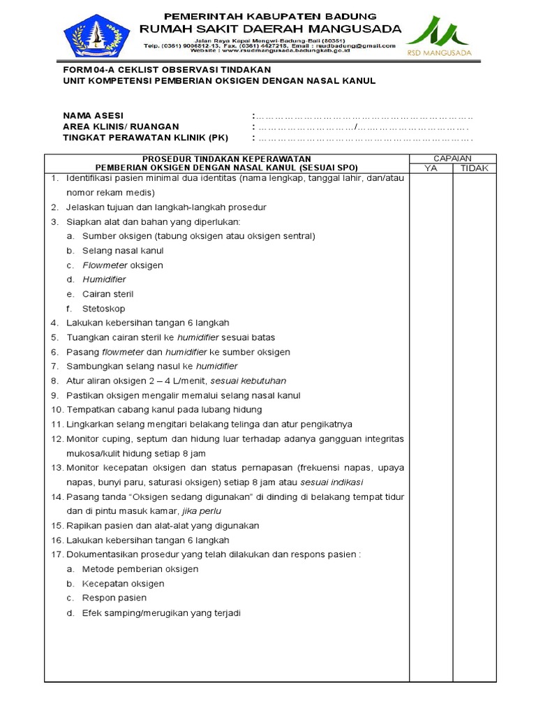 Ceklist Pemberian Oksigen Dengan Nasal Kanul | PDF
