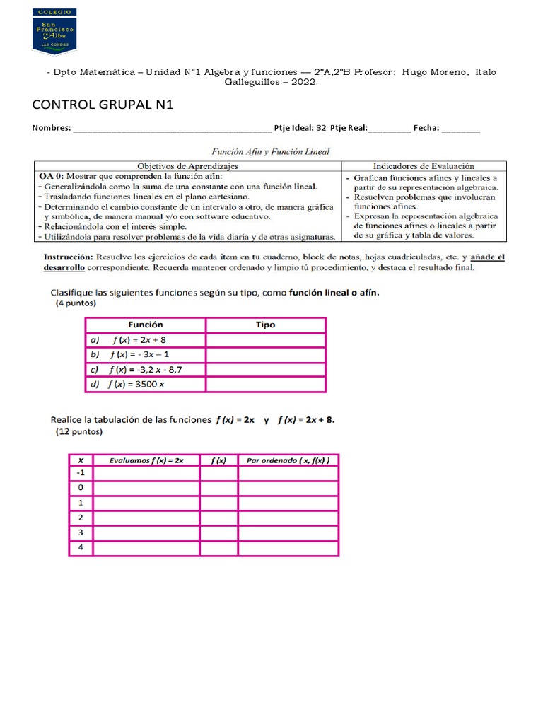 Control de unidad sobre álgebra y funciones | PDF