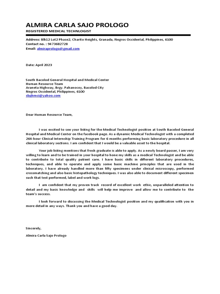 Application Letter | PDF | Hospital | Medical Laboratory