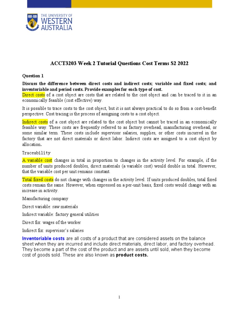 ACCT3203 Week 2 Tutorial Questions Cost Terms S2 2022 | PDF | Cost | Inventory