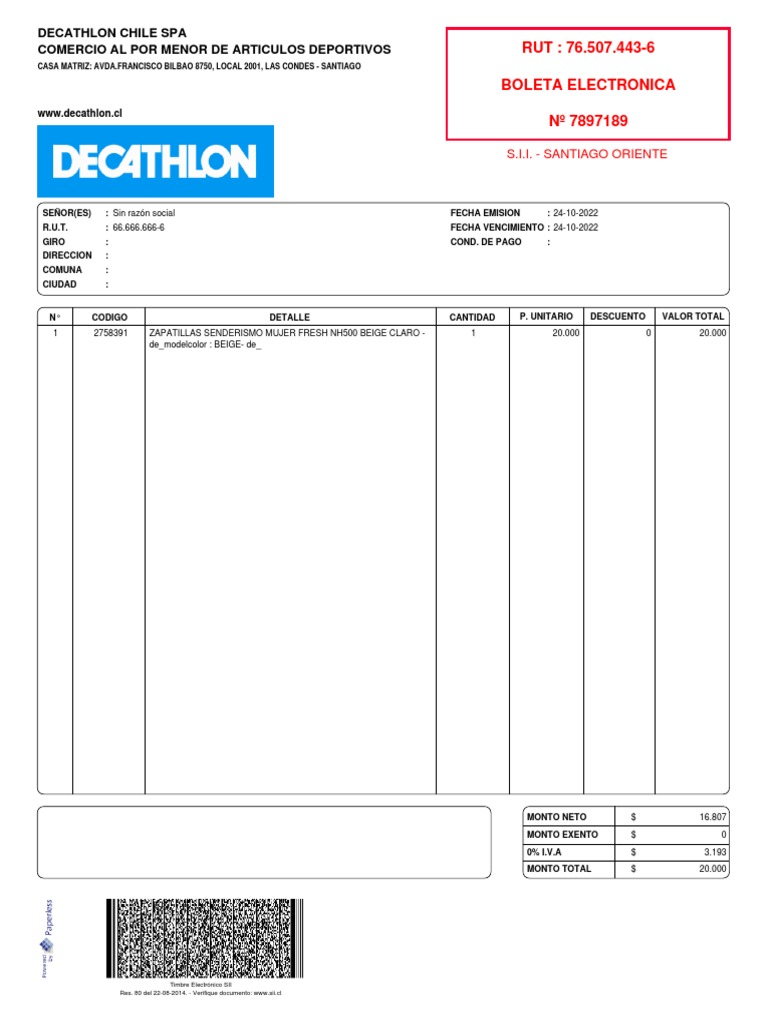 Boleta Electrónica Decathlon Chile | PDF