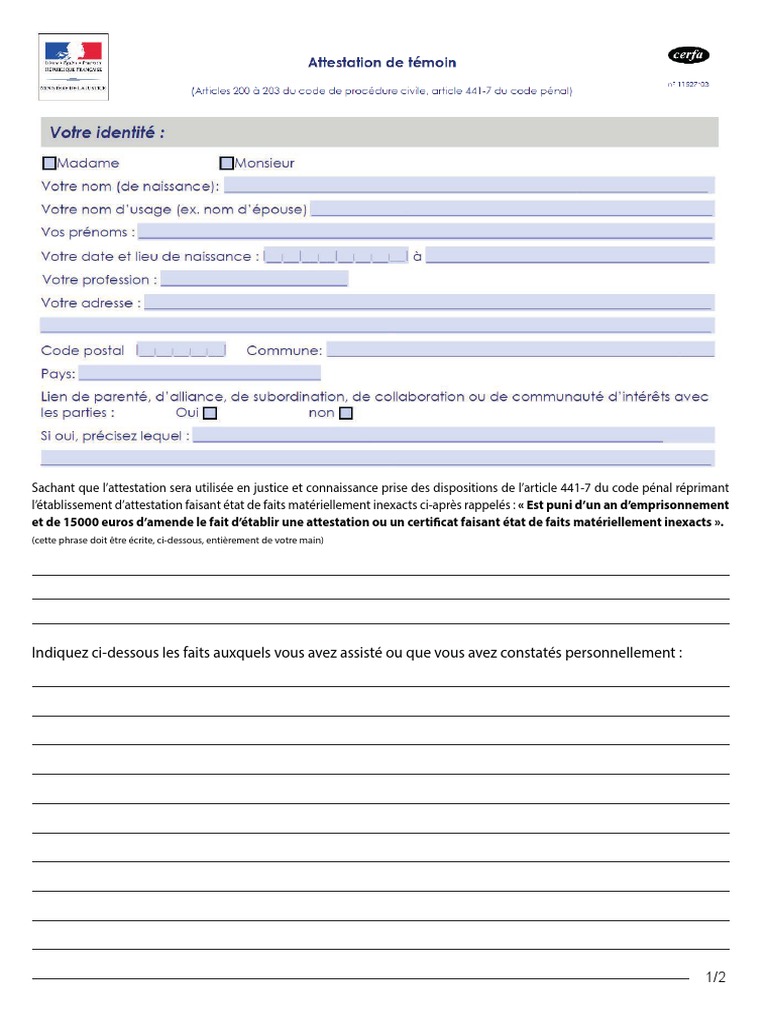 Attestation De Témoin Divorce – Attestation De Témoin À Imprimer – DZGZCJ