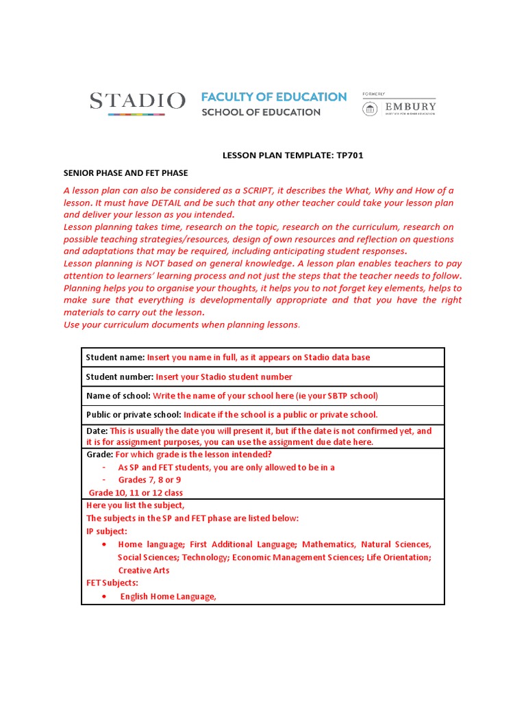 Lesson Plan Template: Tp701: Senior Phase and Fet Phase | PDF