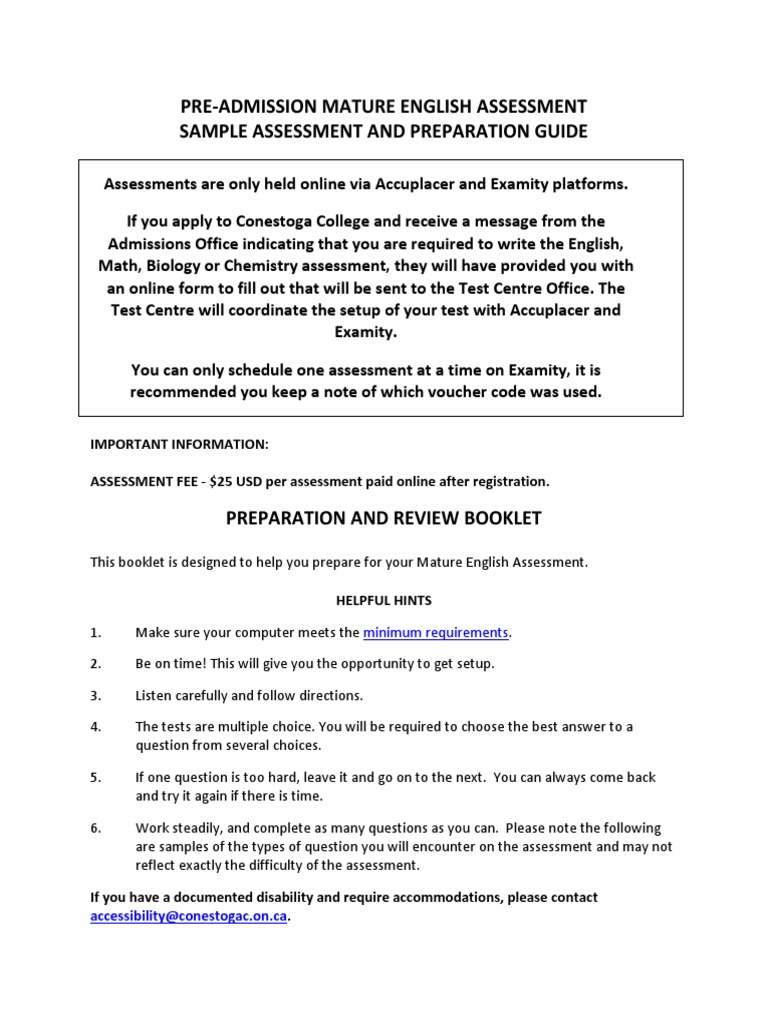 Pre-Admission Mature English Assessment Sample Assessment and ...
