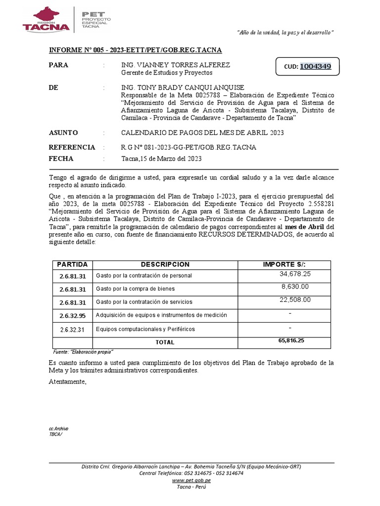 Inf 05 Calendario de Pagos Abril | PDF