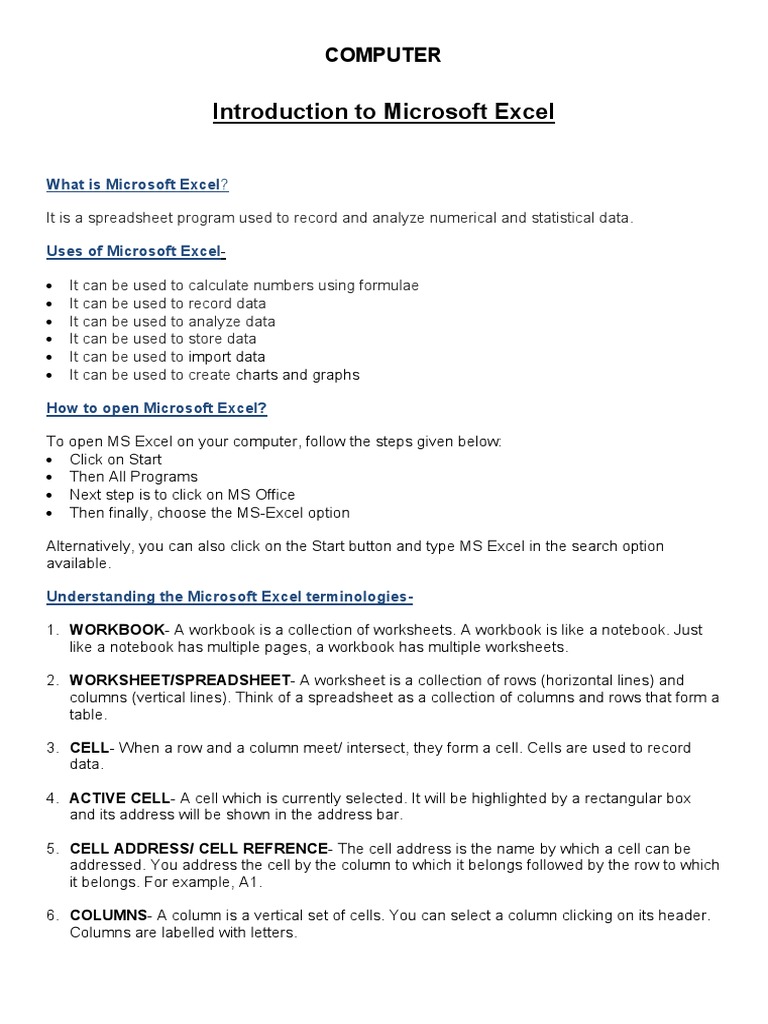 Introduction To Microsoft Excel: Computer | PDF | Microsoft Excel ...