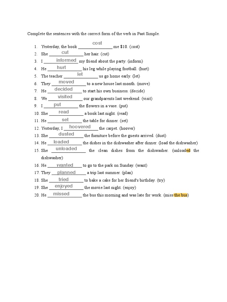 Completing Sentences with Past Simple Verb Forms: A Document Providing ...