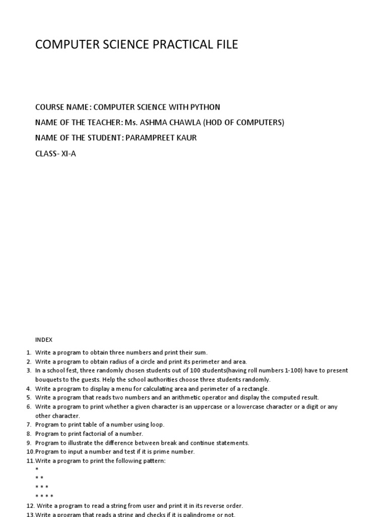 Computer Science Practical File | PDF | Numbers | Area