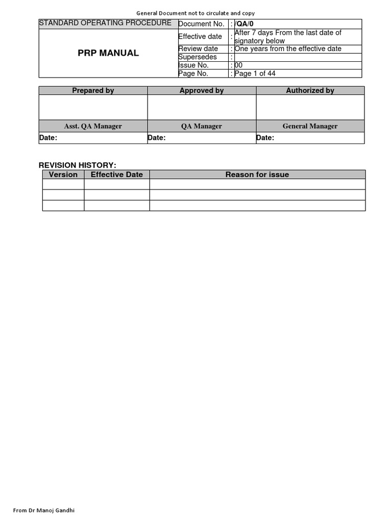 PRP Manual: Revision History: Effective Date Reason For Issue | PDF | Waste | Ventilation ...