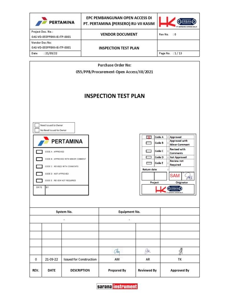 OAS-VD-055PPBXII-IE-ITP-0001 - Inspection Test Plan - REV 0 | PDF