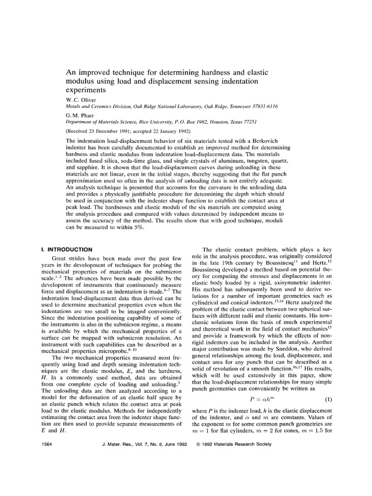An Improved Technique For Determining Hardness and Elastic Modulus ...