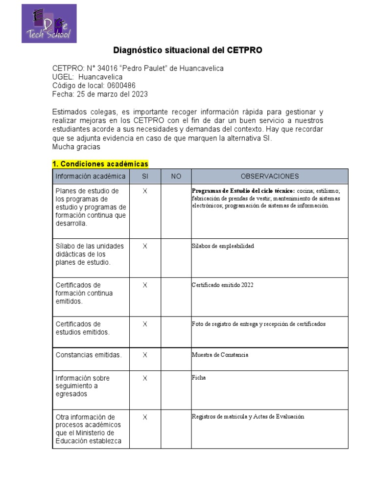 Diagnóstico Situacional CETPRO 34016 PPAULET | PDF | Plan de estudios ...