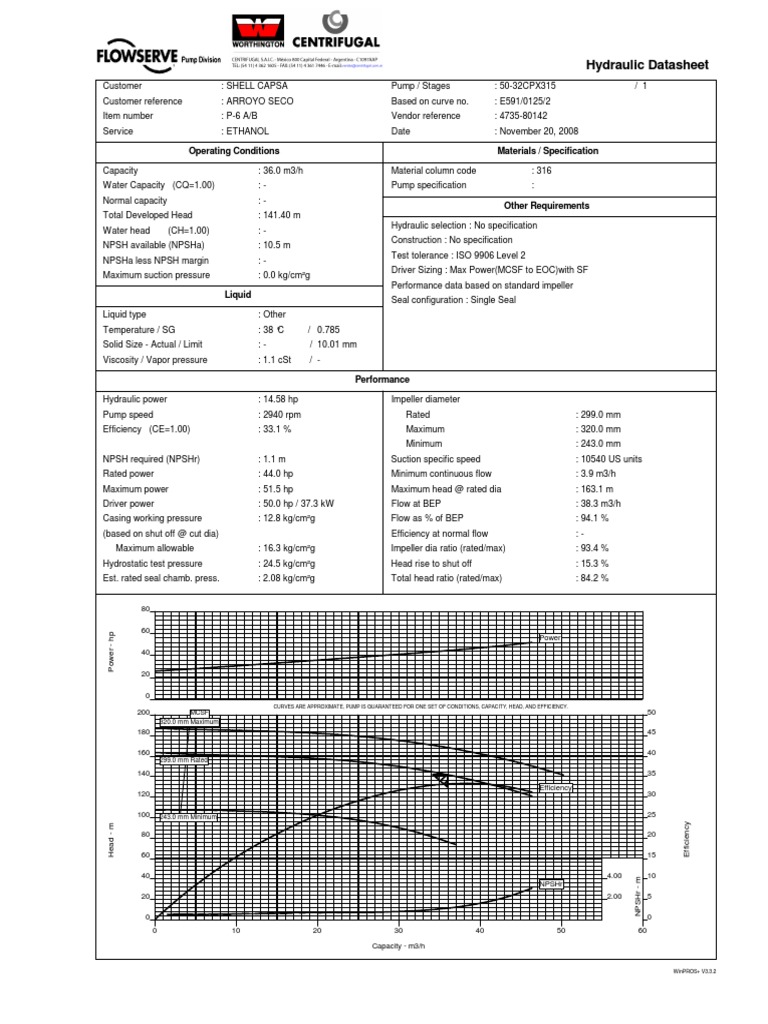 Ethanol Pump Hydraulic Datasheet for ARROYO SECO Project | PDF | Pump ...