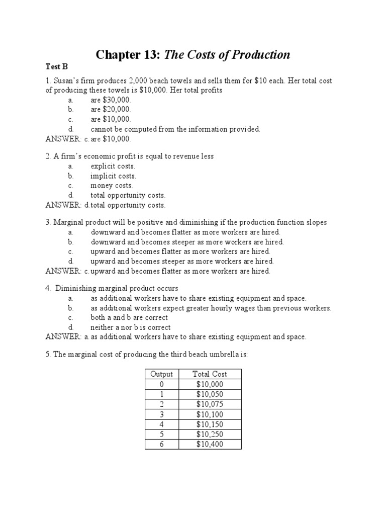 Chapter 13 - The Costs of Production - Test B | PDF | Marginal Cost ...