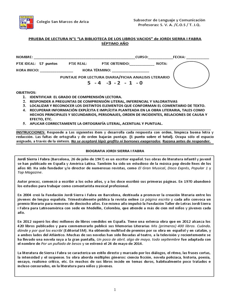 Prueba de Lectura N°1 "La Biblioteca de Los Libros Vacios" de Jordi Sierra I Fabra Séptimo Año ...