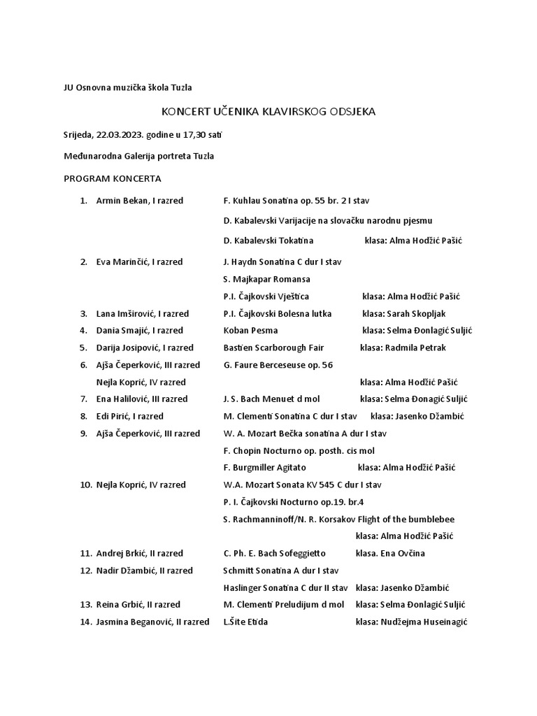 Koncert Učenika Klavirskog Odsjeka: Program Koncerta | PDF