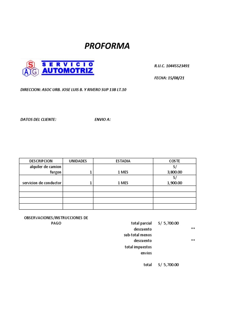 Proforma: R.U.C. 10445523491 FECHA: 15/08/21 Direccion: Asoc Urb. Jose ...