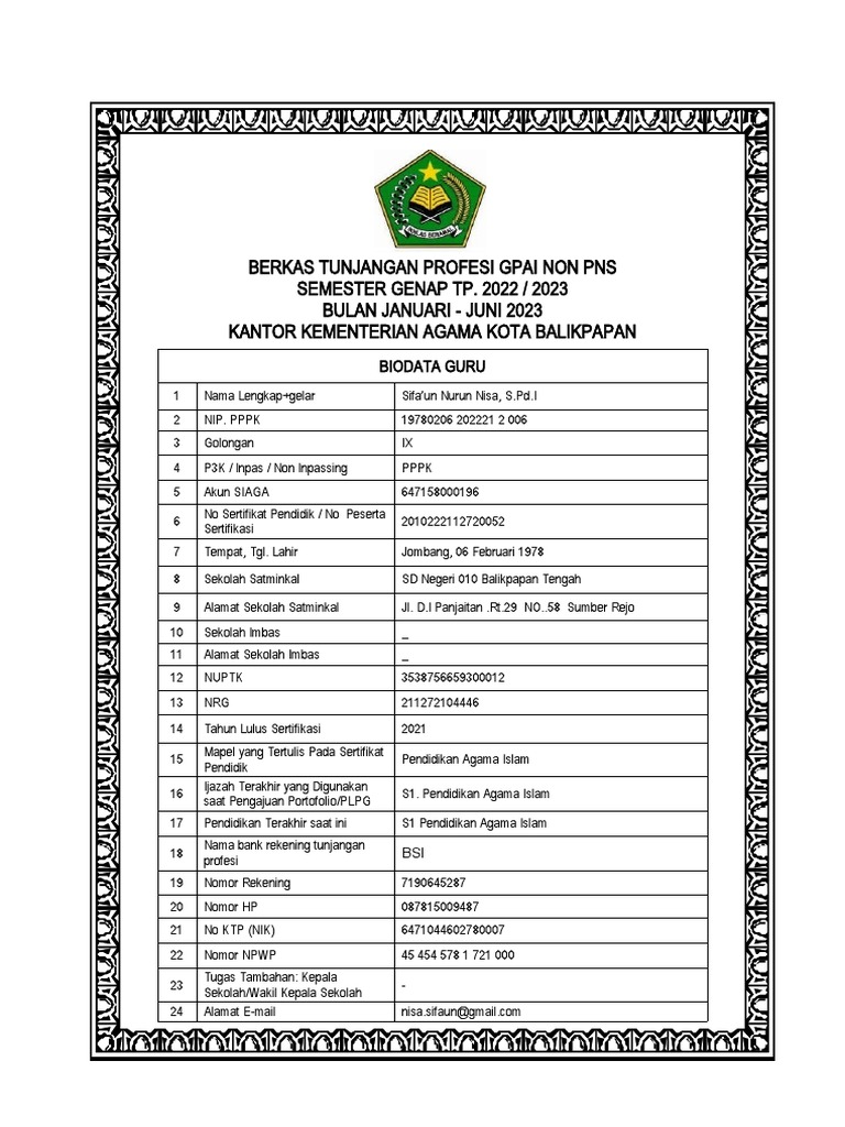 Biodata Guru TPG 2023 SMT Genap | PDF