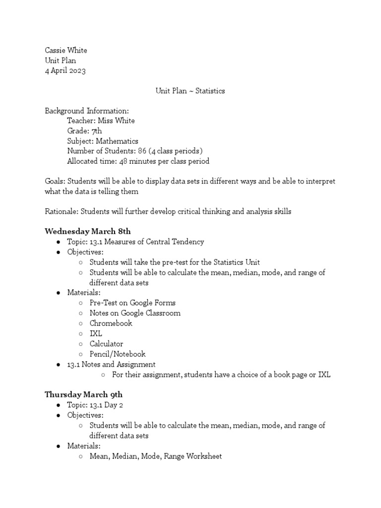 Unit Plan Statistics 1 | PDF | Learning