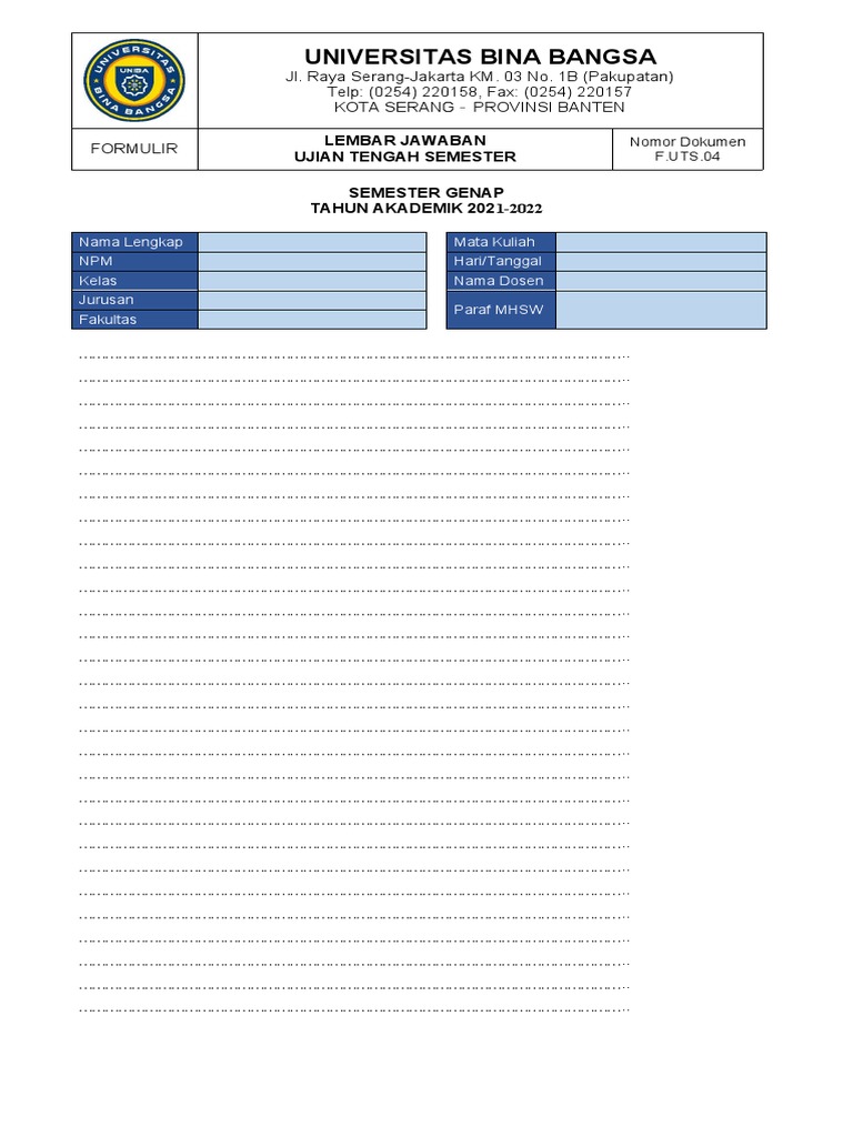 Form Lembar Jawaban UTS 20202 | PDF
