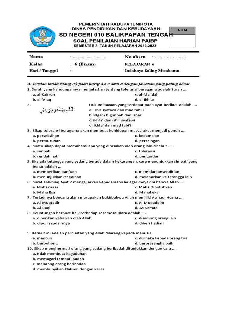 SOAL PH PAI KLS 6 Pembelajaran 6 | PDF