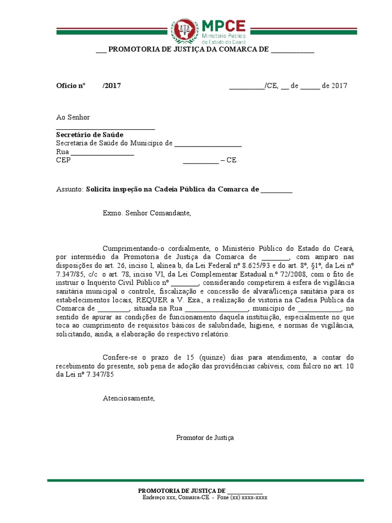 Modelo Ofício Secretaria de Saúde Municipal Inspeção de Vigilância ...