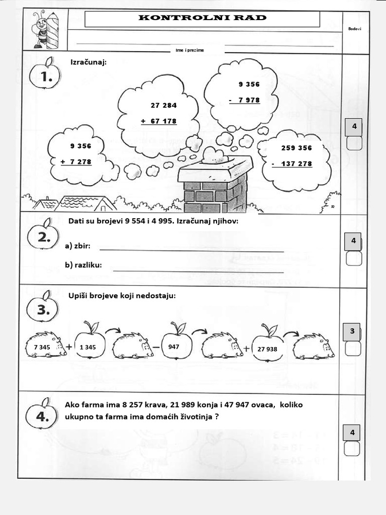 Kontrolni rad - Sabiranje i oduzimanje do milion - V | PDF
