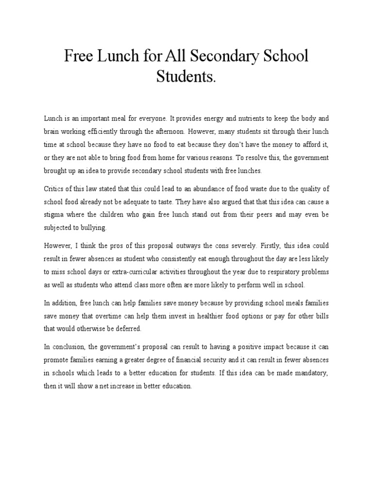 Free Lunch For All Secondary School Students | PDF