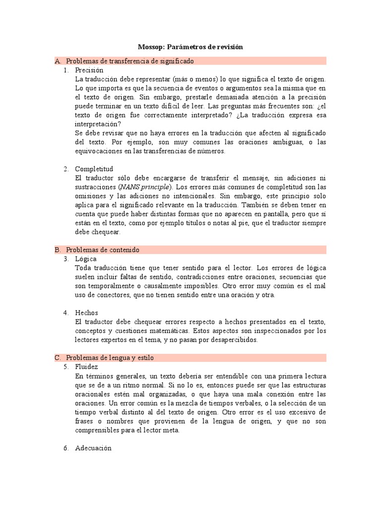 Mossop - Parámetros de Revisión | PDF | Traducciones | Léxico