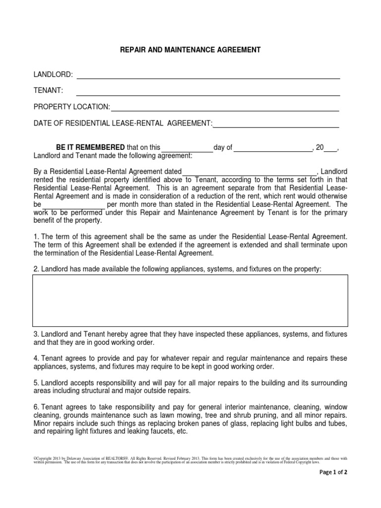 Repair and Maintenance Agreement DAR1 | PDF | Landlord | Leasehold Estate