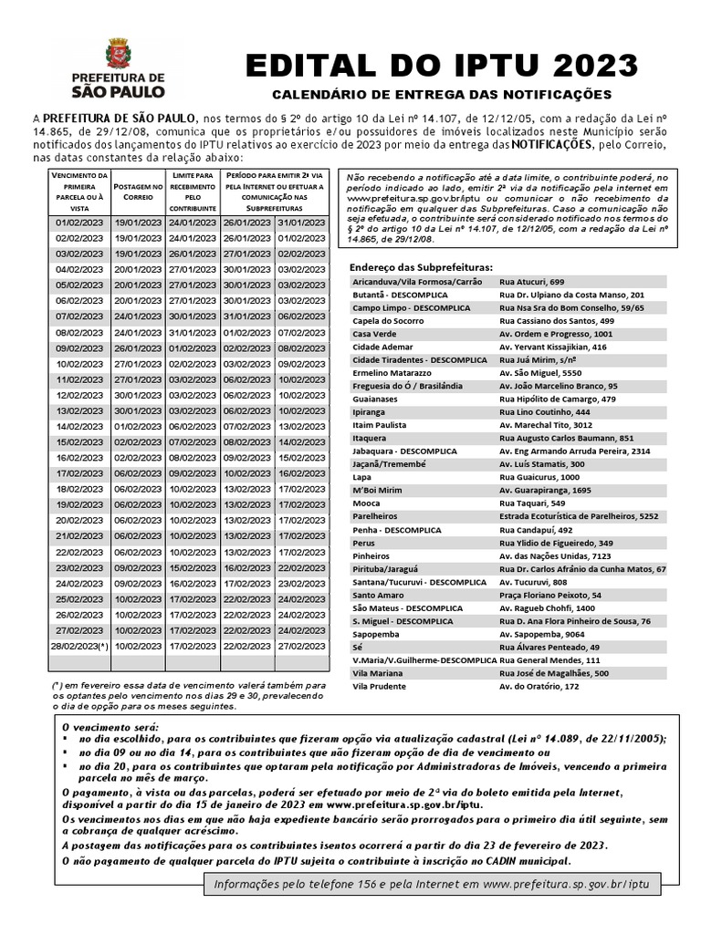 Edital do IPTU do município de São Paulo, 2023 | PDF | São Paulo