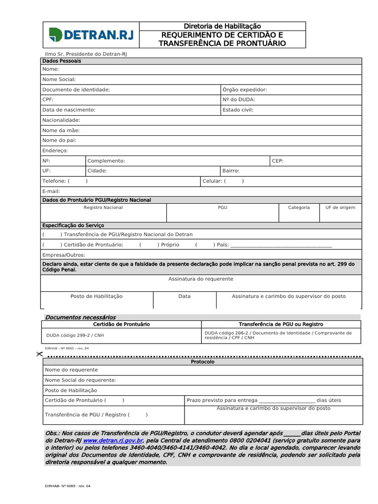 Formulário para Transferência de CNH para o Estado Do RJ | PDF ...