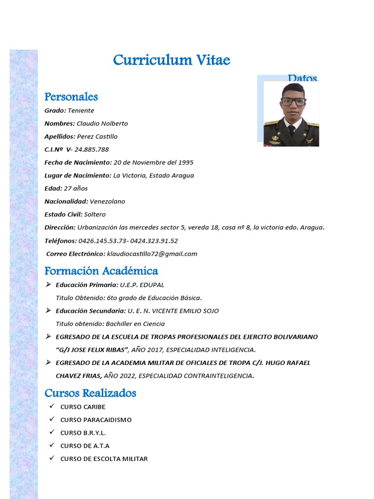 Curriculum Vitae de Claudio Nolberto Pérez Castillo, Teniente del Ejército Venezolano | PDF