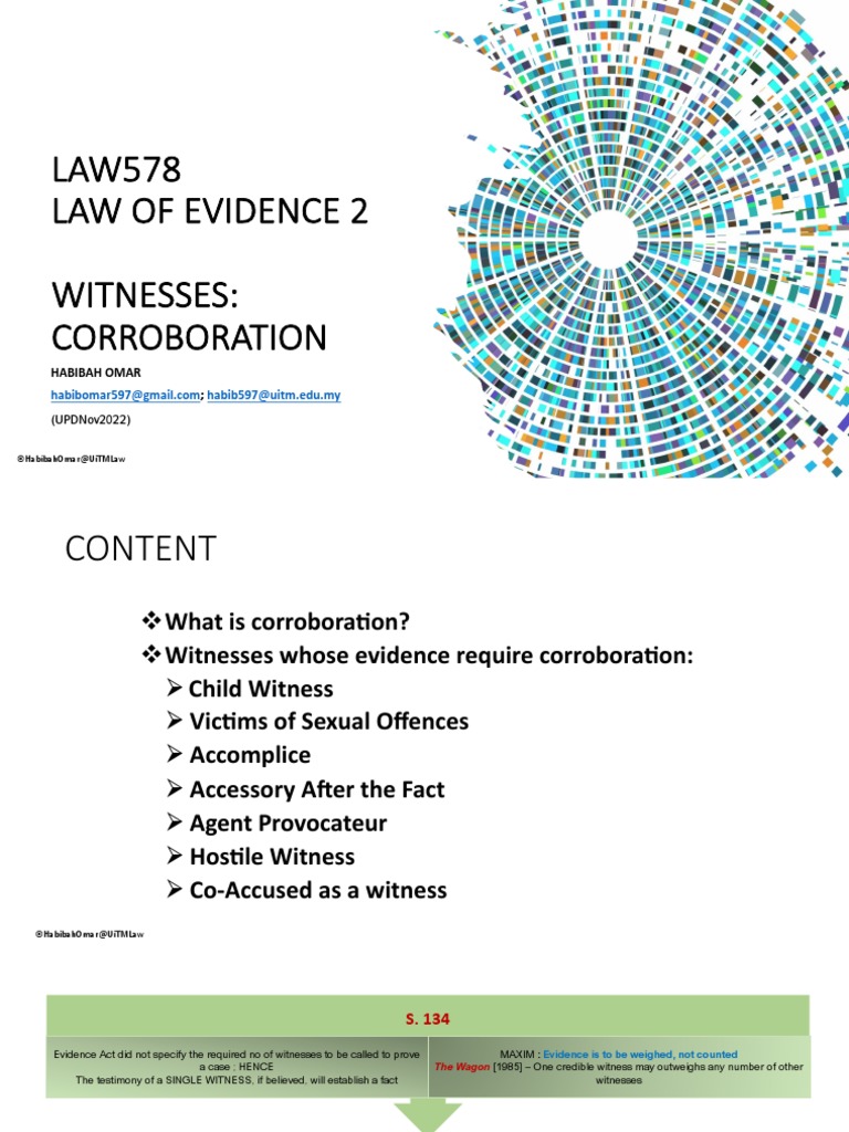 LAW578 Law of Evidence 2 Witnesses: Corroboration: Habibah Omar | PDF ...