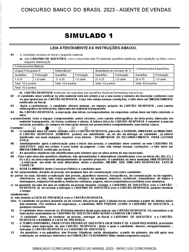 Simulado Concurso Banco Do Brasil 2023 Simulado 01 | PDF | Celulares | Requerimento de reserva