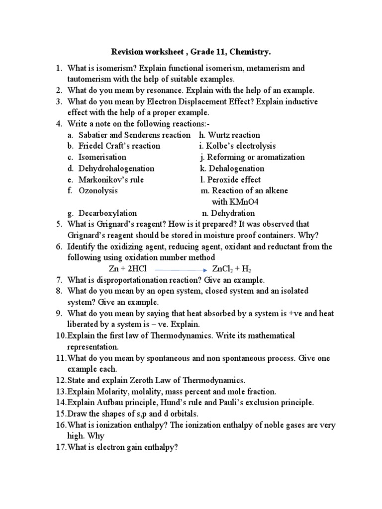 Revision Worksheet - Chemistry-Grade 11 | PDF | Chemical Bond ... Revision Worksheet - Chemistry-Grade 11 | PDF | Chemical Bond ...