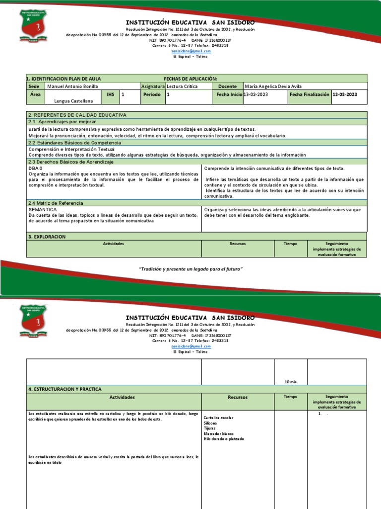 Plan de Aula: Lectura Crítica en San Isidoro | PDF | Comprensión lectora | Comunicación