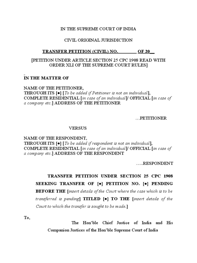 Template - Transfer Petition Before The Supreme Court of India | PDF ...