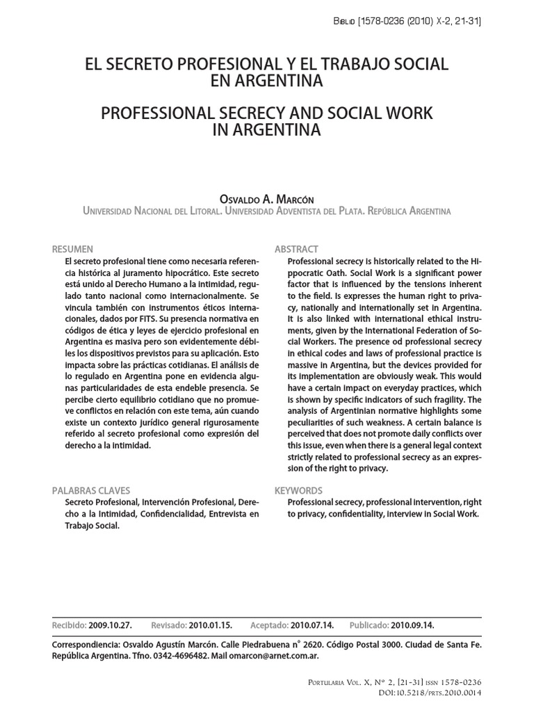 El Secreto Profesional Y El Trabajo Social en Argentina Professional Secrecy and Social Work in ...