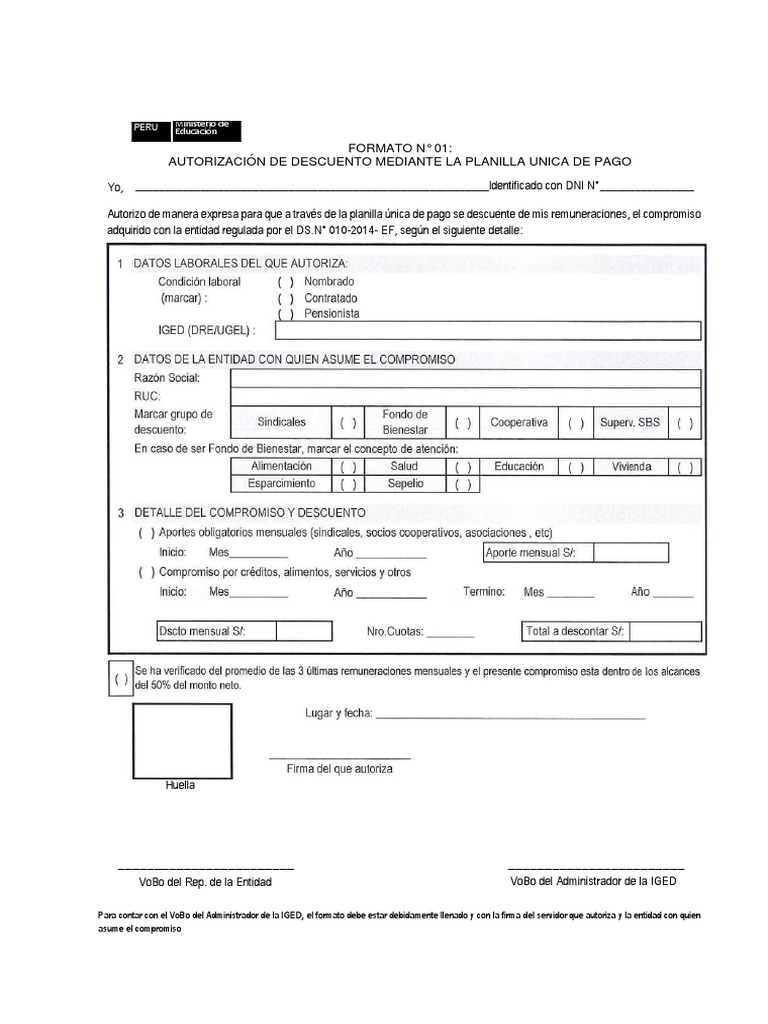 Formato DESCUENTO POR PLANILLA | PDF