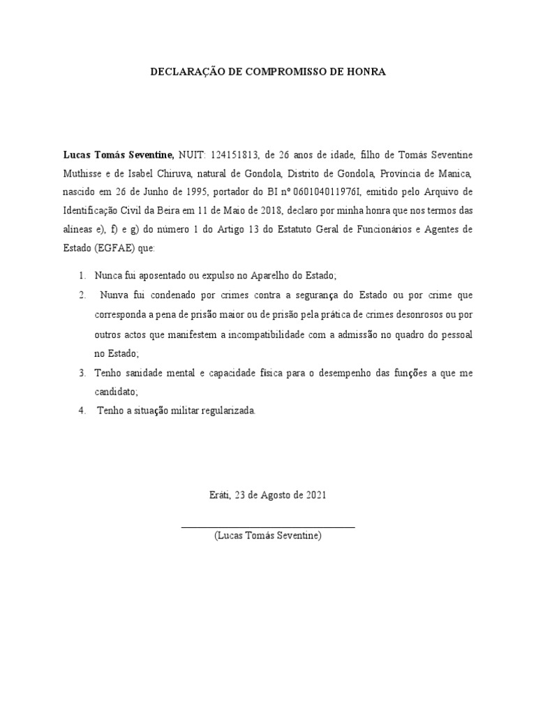 Declaração de Compromisso de Honra | PDF Declaração de Compromisso de Honra | PDF
